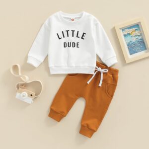 Toddler Baby Boy Fall Winter Outfits Letter Crewneck Sweatshirt Casual Pants 2Pcs Clothes Set White-Brown 6-12 Months