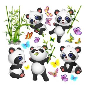 panda bamboo & butterfly wall decals,peel and stick removable animal wall stickers for kids children bedroom nursery home decor(11x10in)