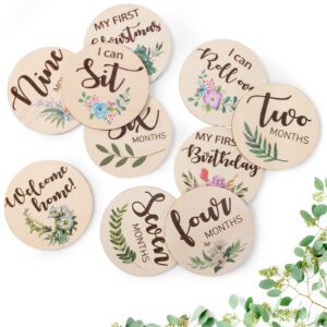 baby monthly milestone cards sign - 10 double sided marker wooden circles discs newborn photography prop, pregnancy journey birth announcement sign baby boy and girl gift sets