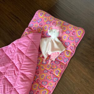 Emily Rose Rollup Toddler Kids Sleeping Nap Cot Mat | Removable Pillow & Unicorn Lovey Included | 100% Cotton for Daycare, Preschool, Travel Naps | Portable, Cozy, Machine Washable (Playful Hearts)