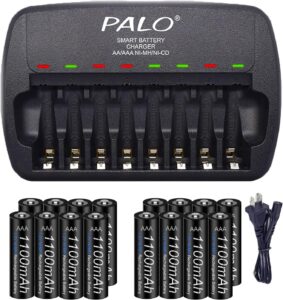 16 pack rechargeable aaa batteries with charger kit, 1.2v ni-mh triple a low self-discharge batteries with 8 bay independent slot fast charging charger for 1.2v aa/aaa battery