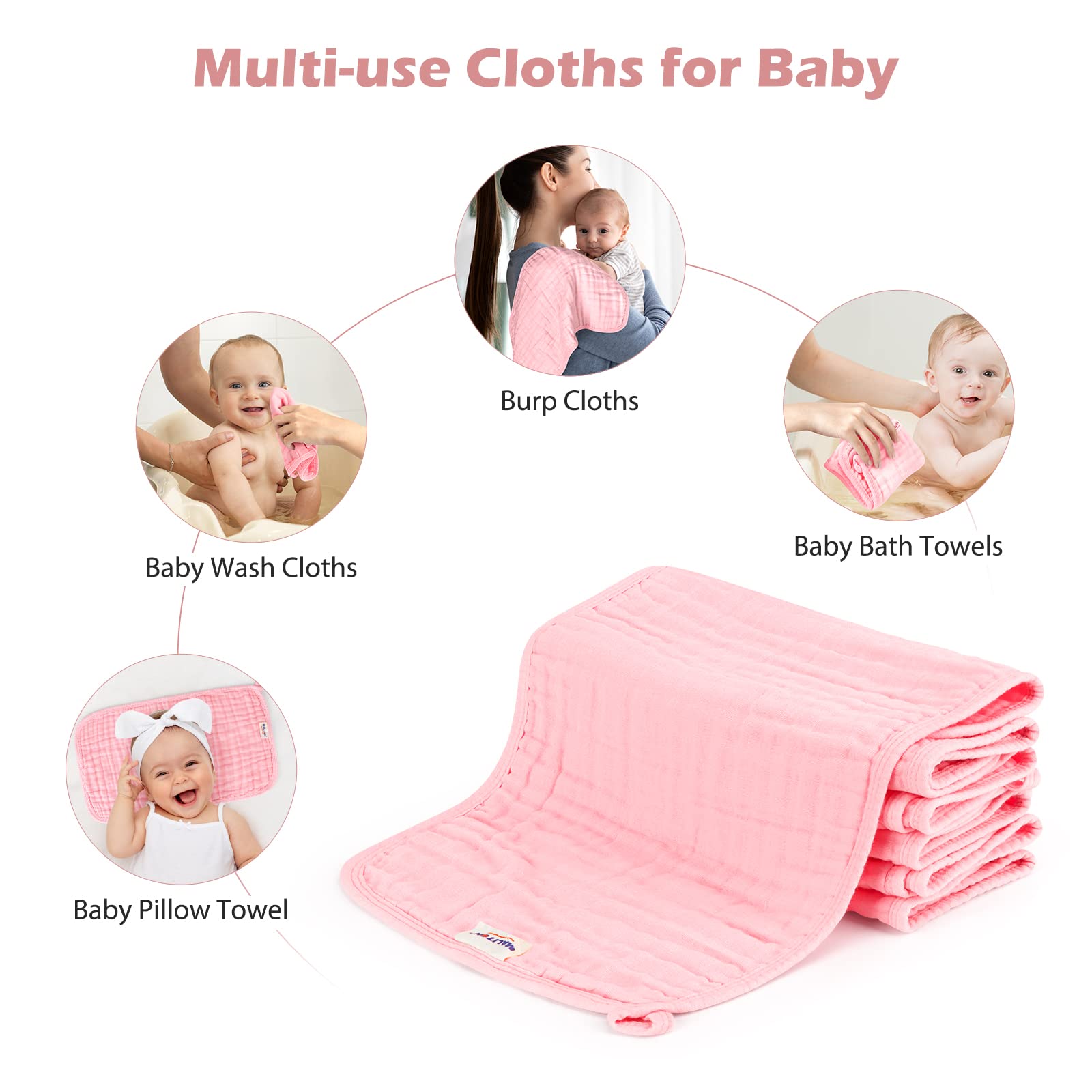 Maliton Muslin Burp Cloths for Baby Girl 6 Pack Large 20''x10'' 100% Cotton Burp Rags Absorbent and Soft 6 Layers Baby Burp Cloths Newborn Girl Essentials(Pink, Pack of 6)