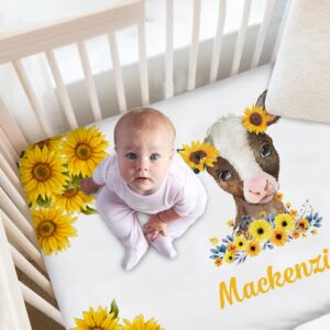 personalized cow sunflowers baby crib sheets with name, customized crib mattress sheets for baby boys girls, fitted crib bedding sheets for standard crib size, mini crib sheet | name crib sheets