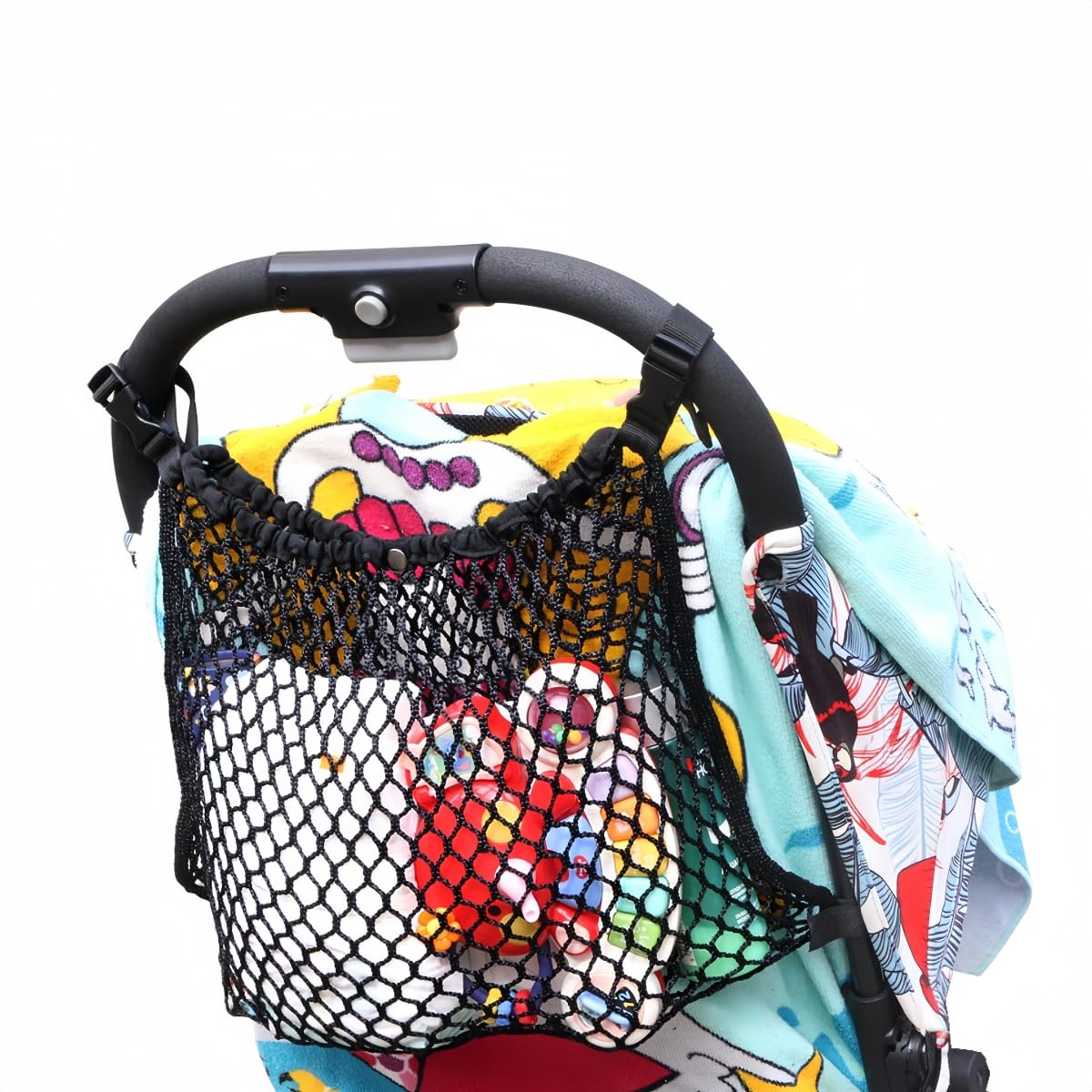 Ymeibe Stroller Caddy Organizer Extra Large Storage Space, Universal Fit Cargo Net Mesh Hanging Bag for Stroller Caddy Accessories Carrying Diaper and Snacks