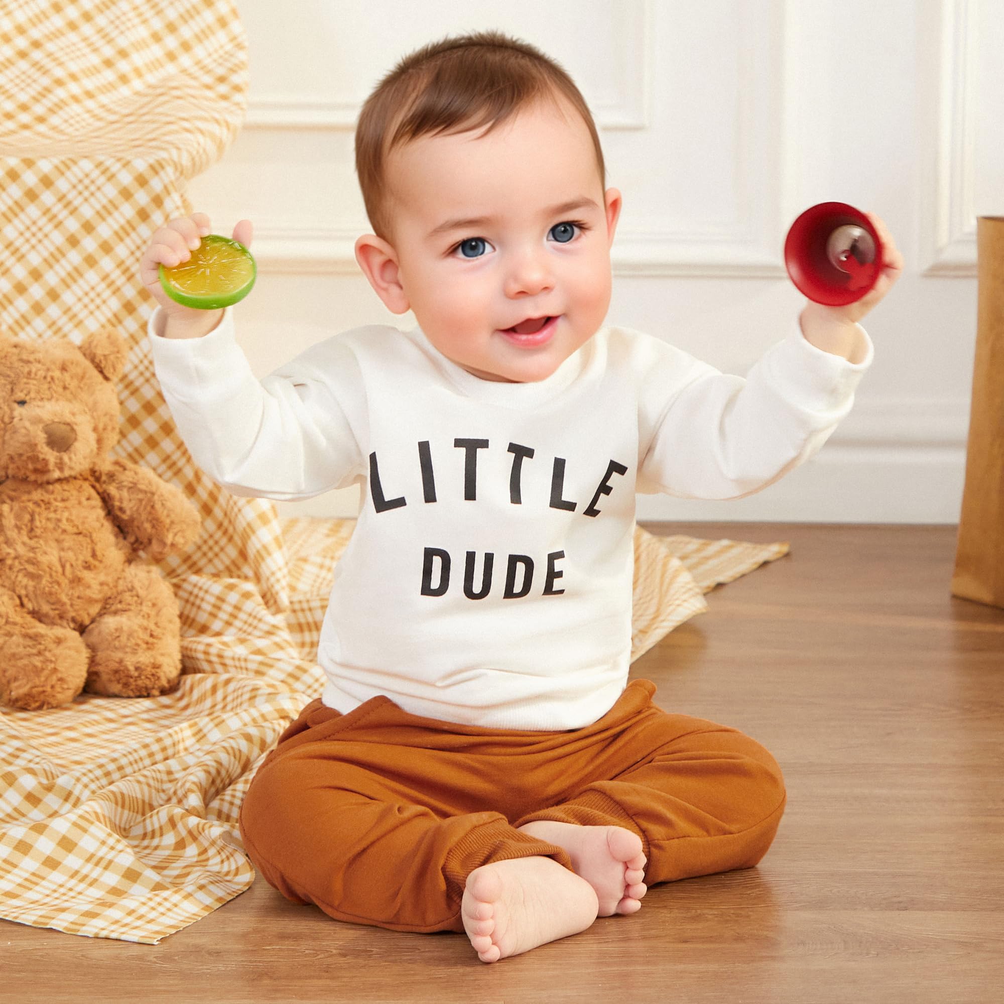 Toddler Baby Boy Fall Winter Outfits Letter Crewneck Sweatshirt Casual Pants 2Pcs Clothes Set White-Brown 6-12 Months