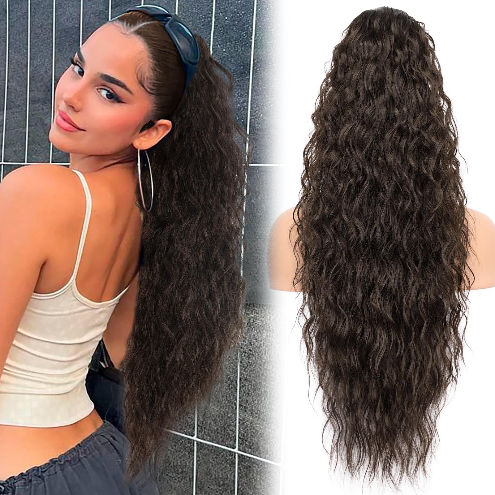 KooKaStyle Ponytail Extension 30 Inch Drawstring Pony Tails Hair Extensions for Women Long Curly Dark Brown Ponytail Synthetic Hairpieces for Daily Use