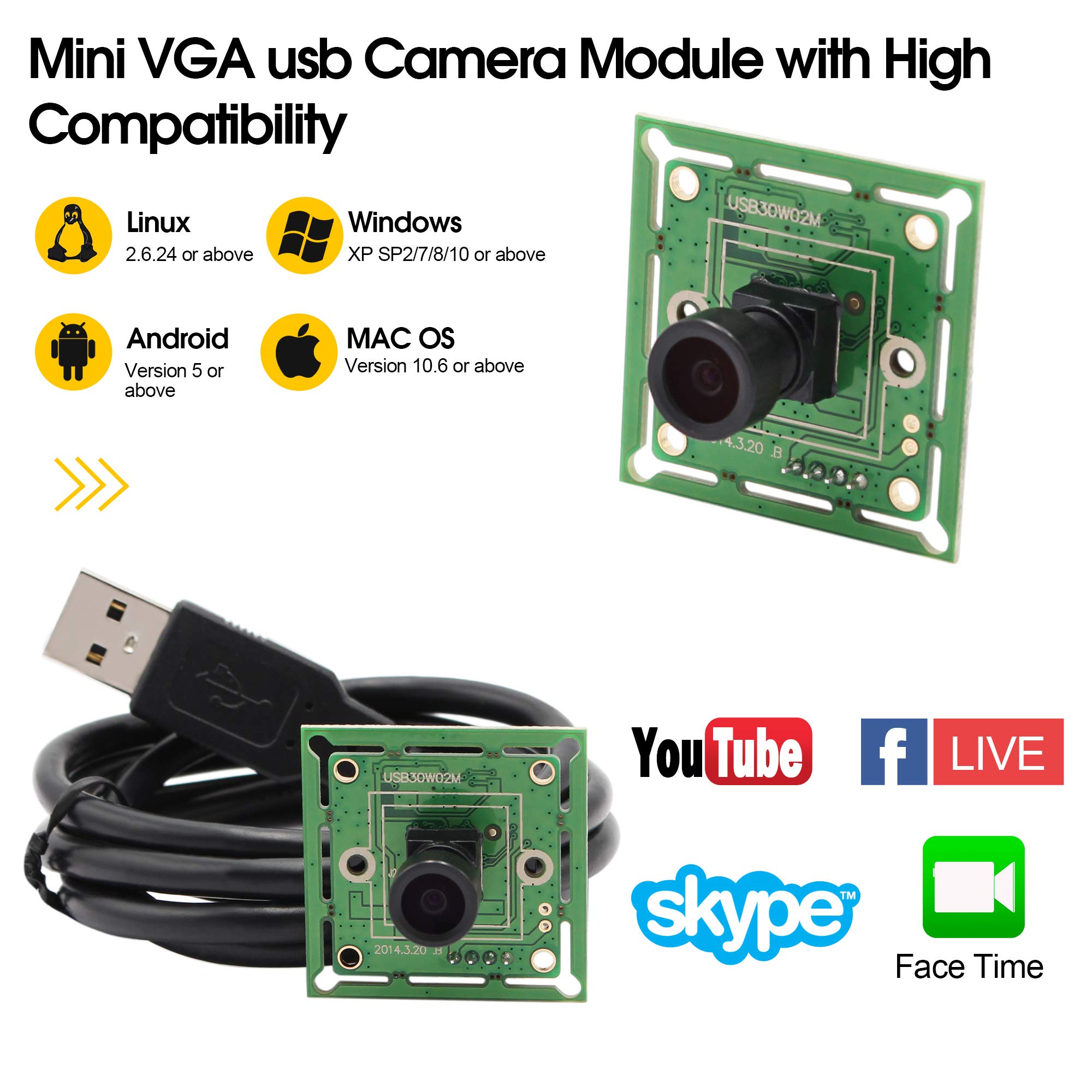 VGA High Speed Wide Angle USB Camera Module for Computer 480P 60fps Super Mini UVC USB2.0 Webcam Board with 100degree No Distortion Lens CMOS OV7725 Industrial CCTV PC Camera for Linux Mac Android