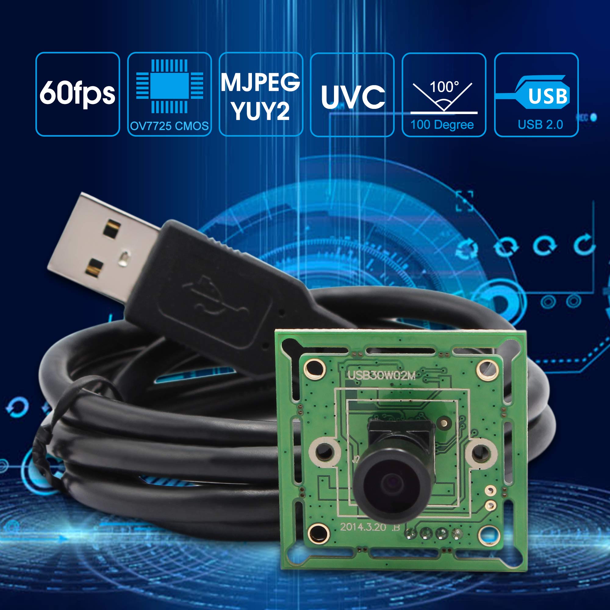 VGA High Speed Wide Angle USB Camera Module for Computer 480P 60fps Super Mini UVC USB2.0 Webcam Board with 100degree No Distortion Lens CMOS OV7725 Industrial CCTV PC Camera for Linux Mac Android