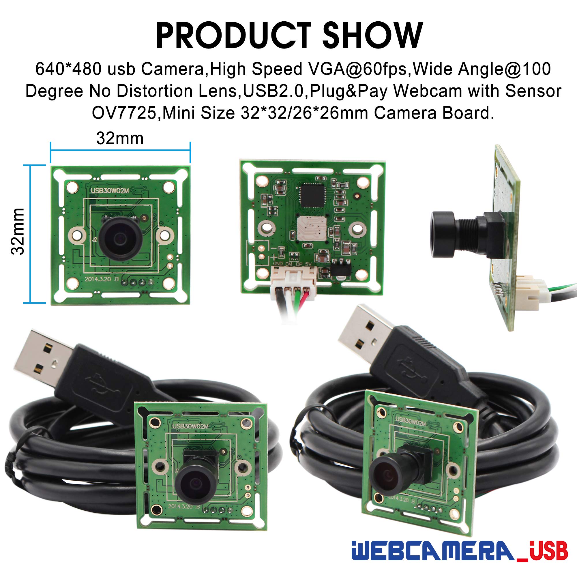 VGA High Speed Wide Angle USB Camera Module for Computer 480P 60fps Super Mini UVC USB2.0 Webcam Board with 100degree No Distortion Lens CMOS OV7725 Industrial CCTV PC Camera for Linux Mac Android