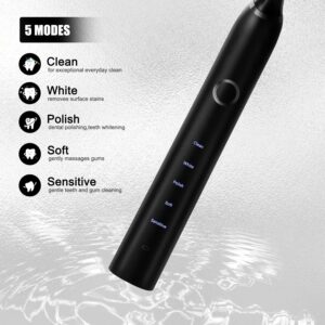 BTFO Sonic Electric Toothbrush with 5 Modes, 2pcs Replacement Brush Heads USB Rechargeable Smart Electronic Toothbrush with Holder for Adults IPX7 Waterproof Smart Timing Fast Charging (Black)