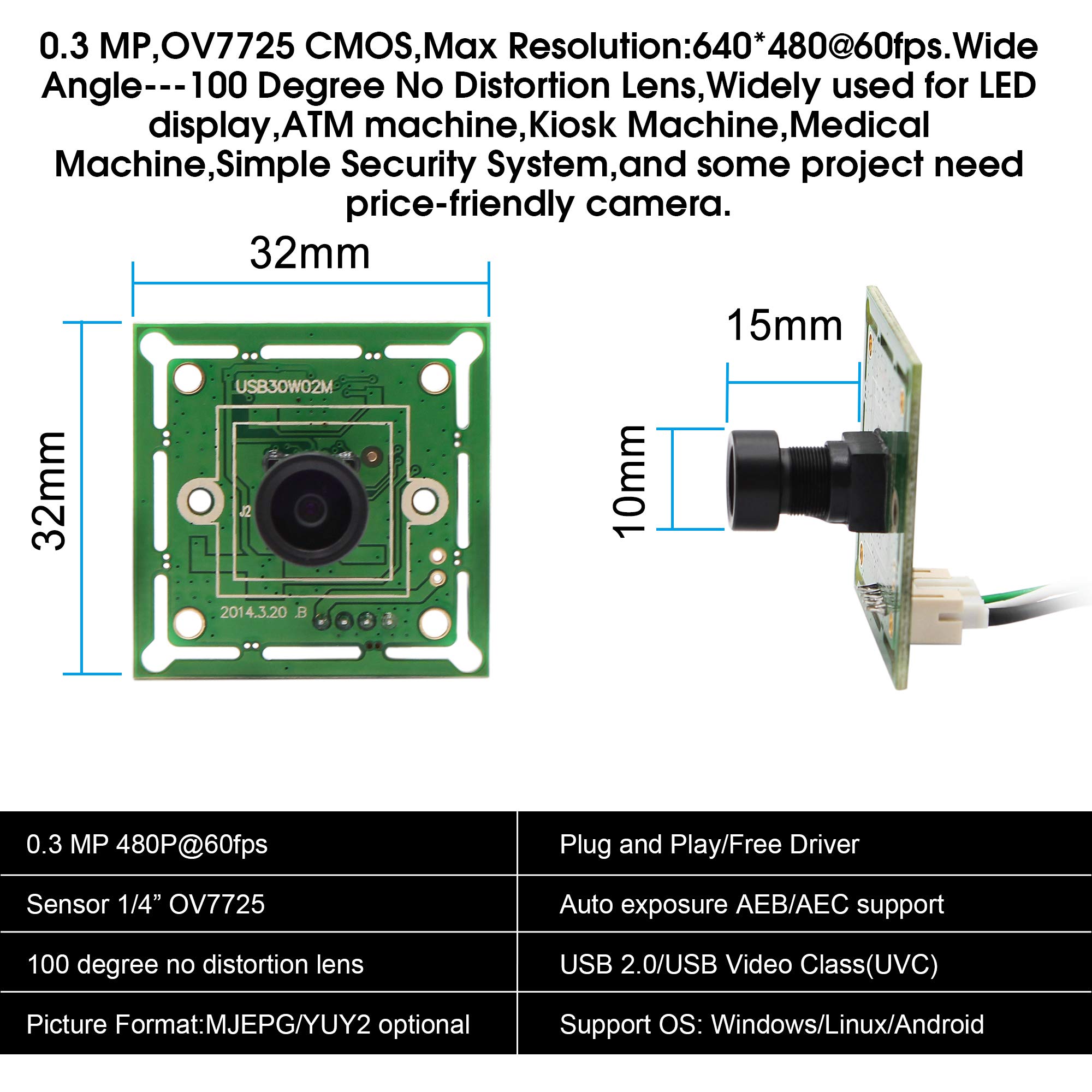 VGA High Speed Wide Angle USB Camera Module for Computer 480P 60fps Super Mini UVC USB2.0 Webcam Board with 100degree No Distortion Lens CMOS OV7725 Industrial CCTV PC Camera for Linux Mac Android