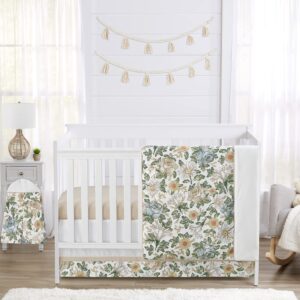 sweet jojo designs vintage floral blue yellow baby girl nursery crib bedding set - 4 pieces - slate green gold orange taupe beige white shabby chic rose flower boho bohemian farmhouse roses wildflower