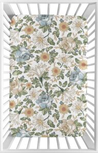 sweet jojo designs vintage floral blue yellow girl fitted mini crib sheet baby nursery for portable crib - slate green gold orange taupe beige shabby chic rose flower boho bohemian farmhouse roses