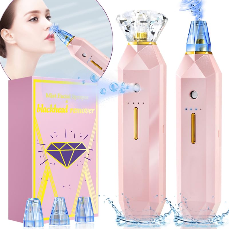 Blackhead Remover Pore Vacuum,Facial Sprayer Oxygen Hydrating,2 in 1 Multifunction Derma Blemish Removal Cleanser, Face Steamer Whitehead Acne Remover, Deeply Spots Cleaner Suction (Pink)