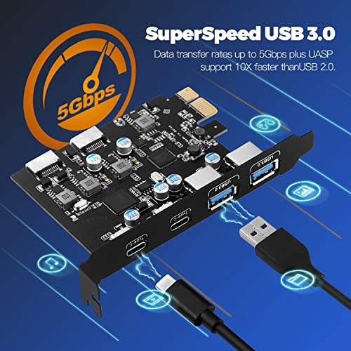 6 Ports USB PCIE Card (2X Type-E Adapter,2X USB 3.0-C, 2X USB A) PCI Express USB Cards PC Front Panel Header for Windows 7/8/10 Linux and MacPro 4.1/5.1