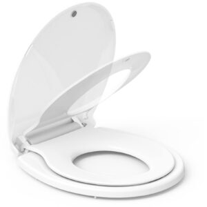 round toilet seat with built in potty training seat, potty training toilet seat for toddlers, magnetic kids seat and cover, slow close and never loosen, fits both adult and child, white round