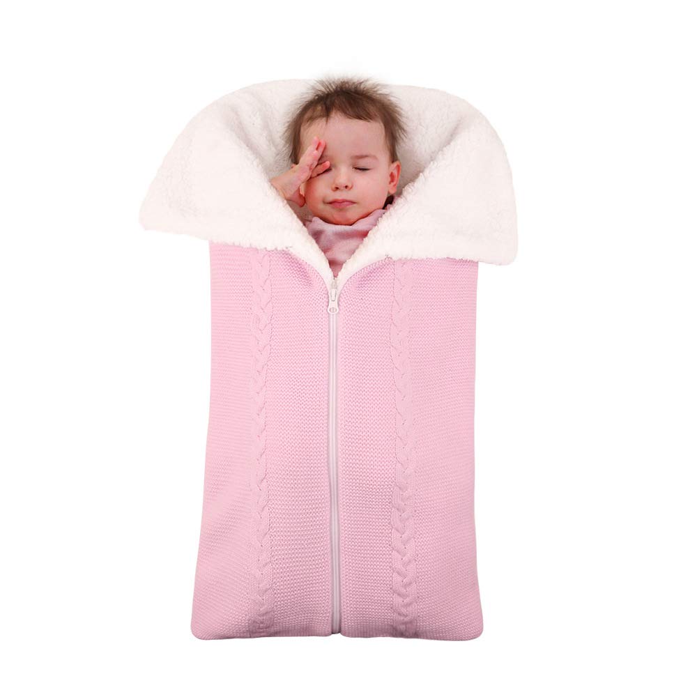 Baby Swaddle Blanket Stroller Wrap Fleece Knit Sleeping Bag Soft Warm Nap Blanket Plus Velvet for 0-12 Month Baby Boys Girls (Pink)