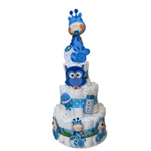 giraffe monkey safari diaper cake, 3 tier assembled diaper cake, newborn diaper cake (blue)