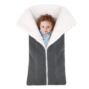 Baby Swaddle Blanket Stroller Wrap Fleece Knit Sleeping Bag Soft Warm Nap Blanket Plus Velvet for 0-12 Month Baby Boys Girls (Gray)