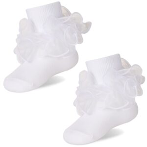 girls ruffle socks cute double lace frilly princess dress cotton socks for kids toddler girls 2 pairs (4-6 years, 2 pairs white)