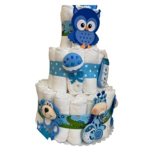 Giraffe Monkey Safari Diaper Cake, 3 Tier Assembled Diaper Cake, Newborn Diaper Cake (Blue)