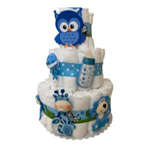 Giraffe Monkey Safari Diaper Cake, 3 Tier Assembled Diaper Cake, Newborn Diaper Cake (Blue)