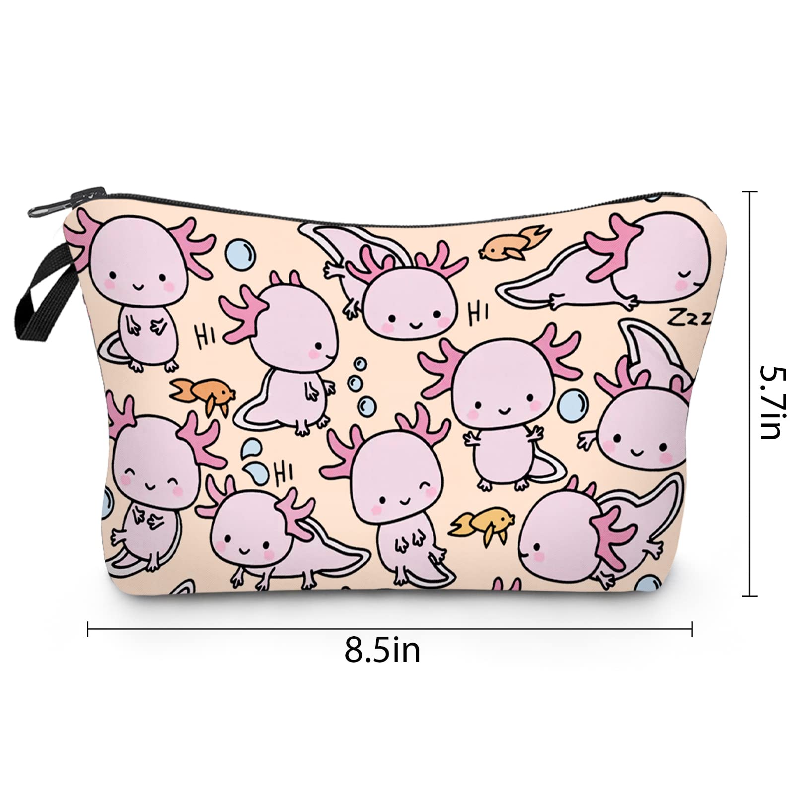 Cute Axolotl Travel Makeup Bag with Wrist Strap, Axolotl Keychain Cosmetic Bag