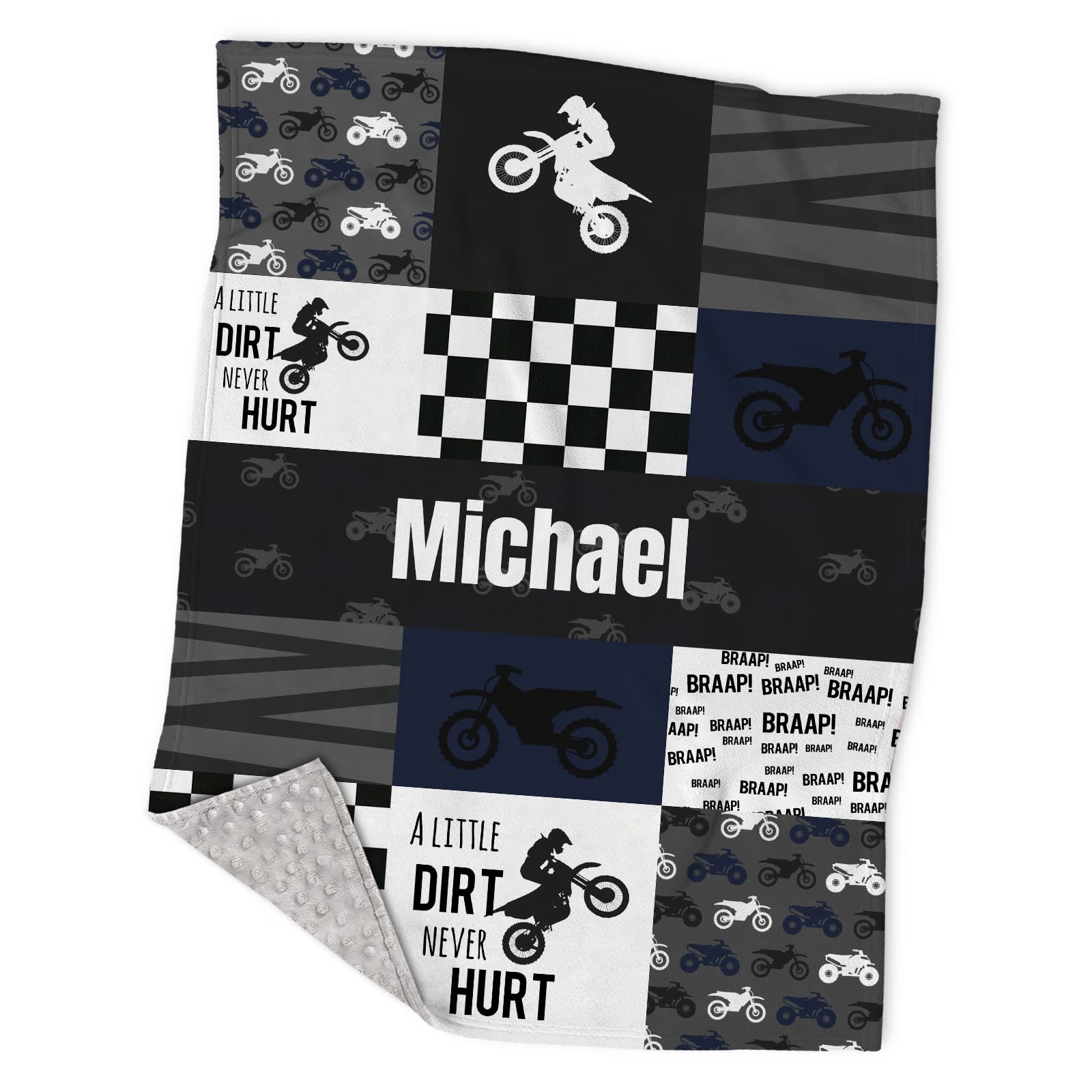 Personalized Motocross Minky Baby Blankets with Name, Customized Dirt Bike Patchwork Design Blankets for Boys Kids - Registry Gifts - Soft Plush Infant Toddler Baby Newborn Blanket