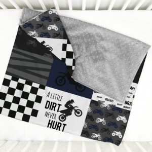 Personalized Motocross Minky Baby Blankets with Name, Customized Dirt Bike Patchwork Design Blankets for Boys Kids - Registry Gifts - Soft Plush Infant Toddler Baby Newborn Blanket