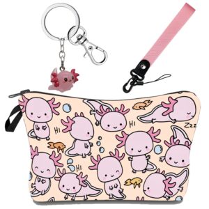 cute axolotl travel makeup bag with wrist strap, axolotl keychain cosmetic bag