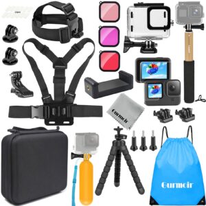 gurmoir accessories kit set for gopro hero 12/hero 11/hero 10/hero 9 black, waterproof housing case+3filters+screen protector bundle for go pro 12 11 10 9 accessory(pt06)