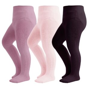 hakugoo baby tights toddler cable knit leggings 3 pack cotton seamless stockings pantyhose for toddlers (pink+purple+dark violet, 6-12 months)