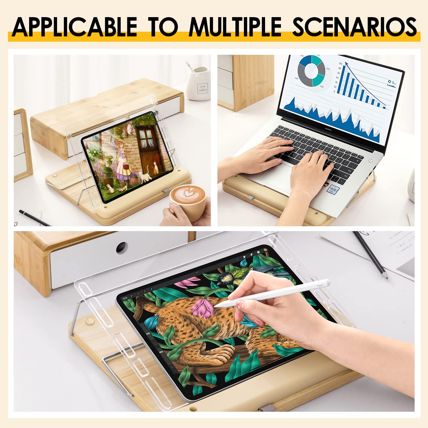 Tablet and Laptop Stand for iPad Pro Air Mini/Fire HD and MacBook,Etc.Solid Wooden Adjustable Desktop Holder Writing Drawing Stand with Wrist Rest & Pencil Holder (Natural Wood)