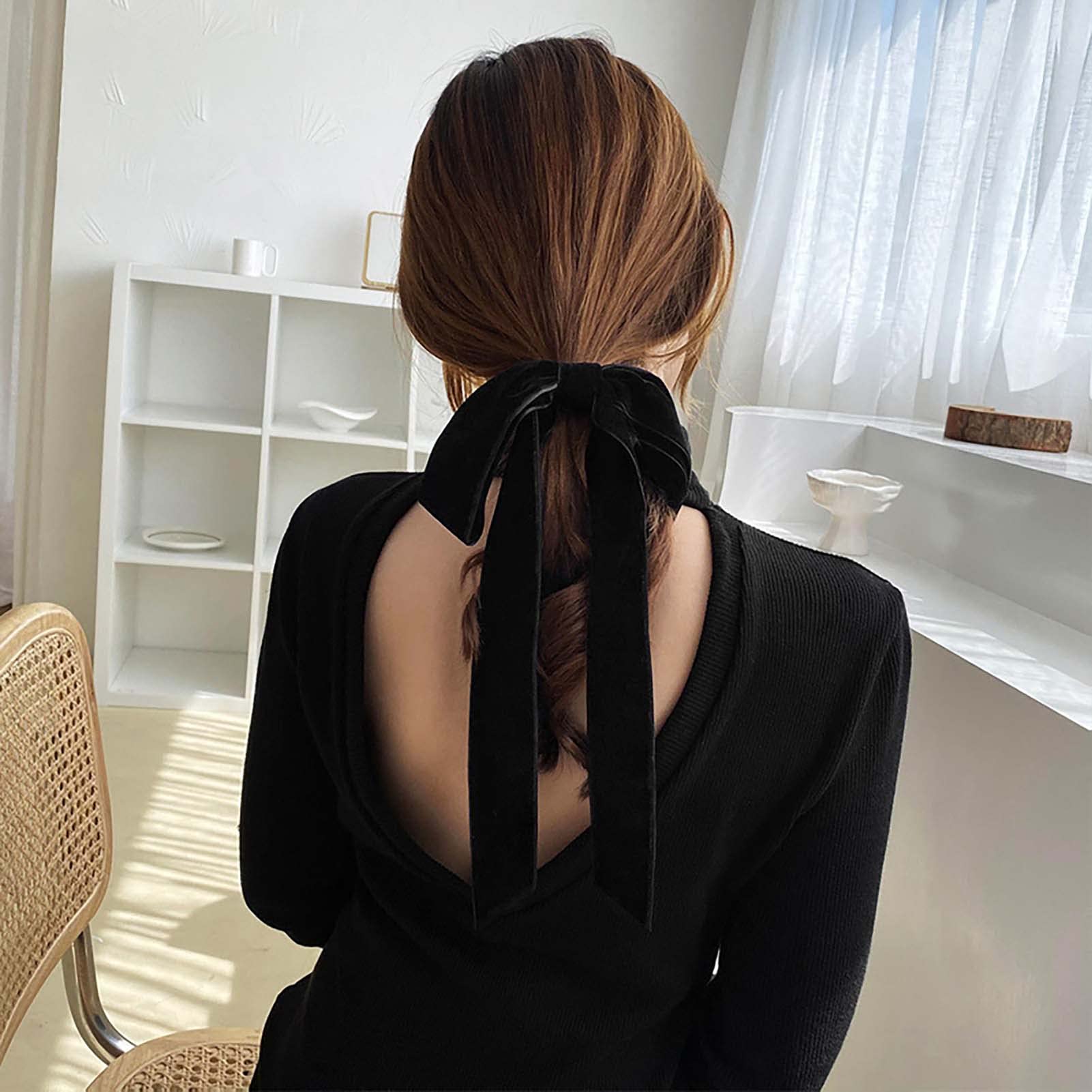 Black Velvet Long Tail Hair Accessories, Classy Bow Hair Ties and Ponytail Holders for Women, Teen Girls, Toddlers - Hair Styling Gift, Headdress Decor, Back to School Outfits