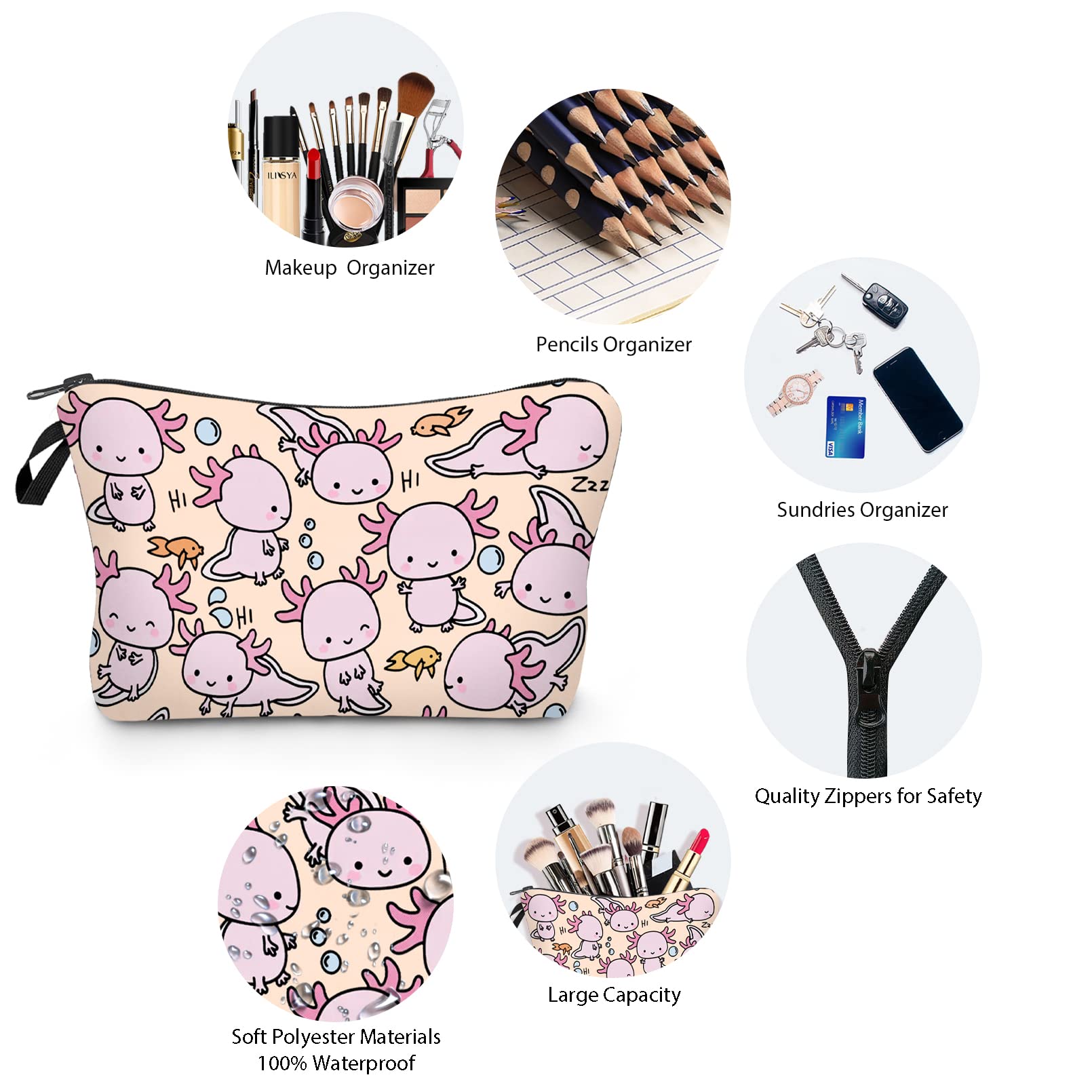 Cute Axolotl Travel Makeup Bag with Wrist Strap, Axolotl Keychain Cosmetic Bag