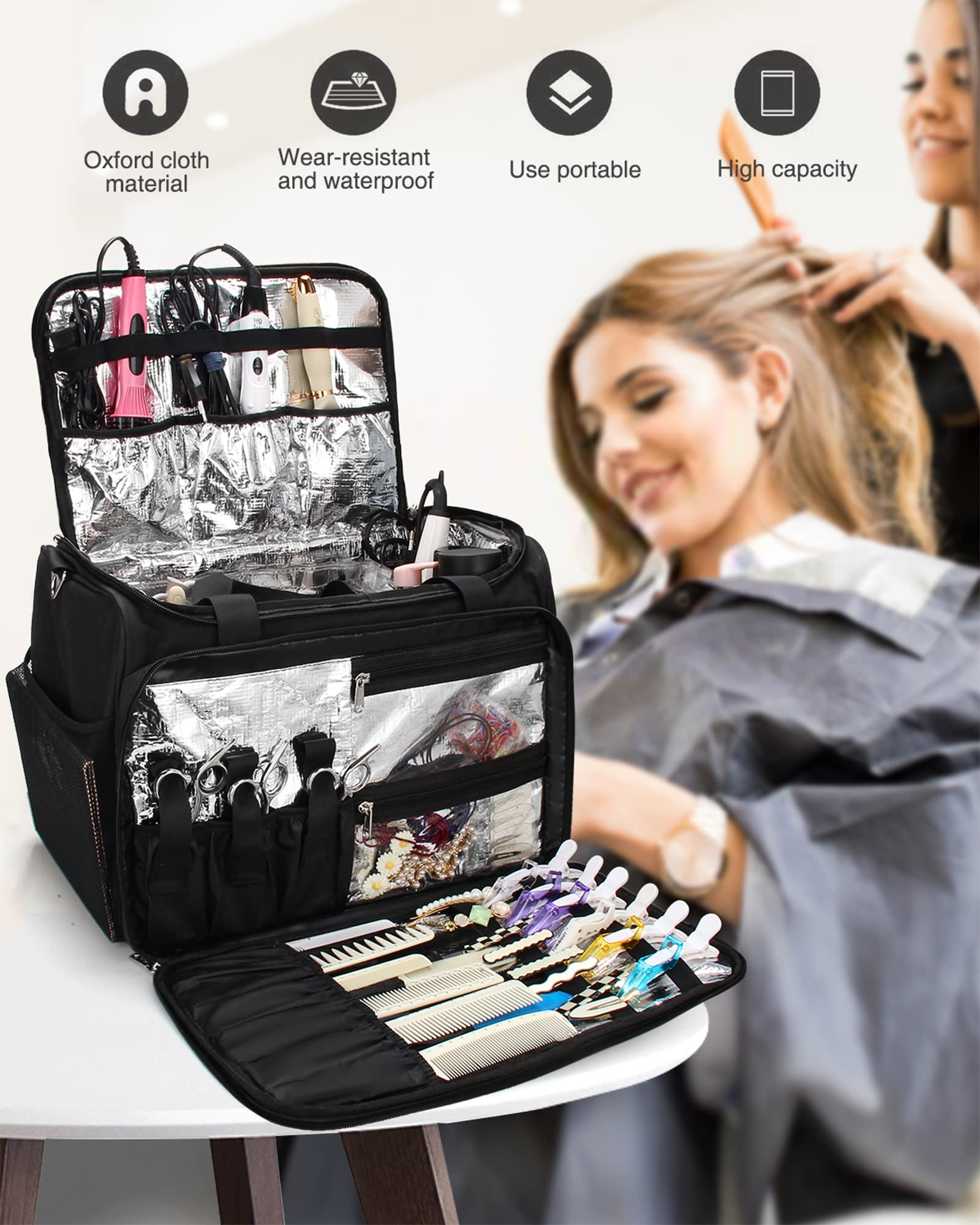 MONSTINA Professional Hairdressing Bag,Hairstylist Travel Bag,Cosmetics Beauty Hairdresser Bag with Shoulder Strap,Hair Makeup Salon Organizer Bag for Barber Insulation Material