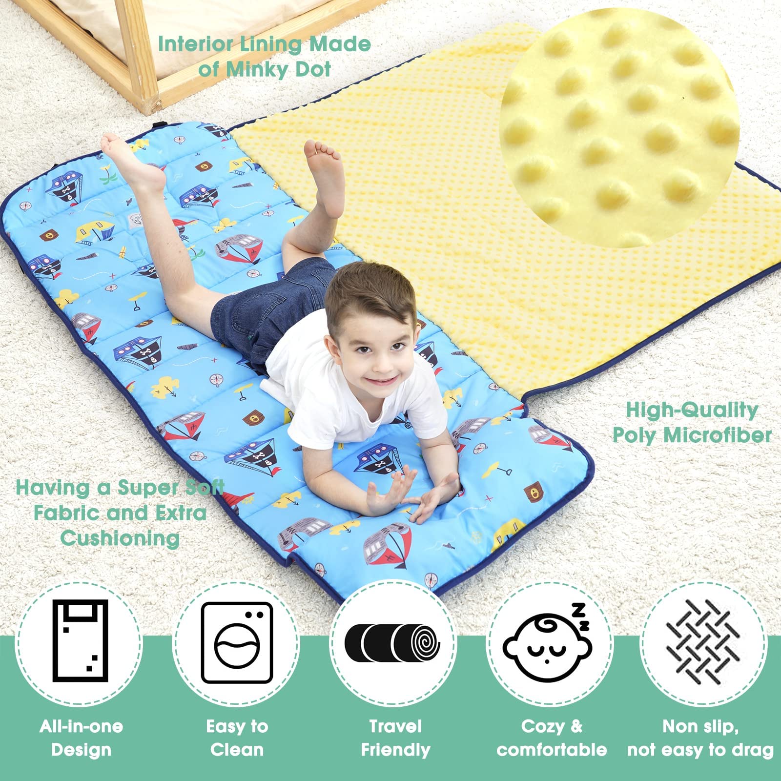 ACRABROS Toddler Nap Mat with Pillow and Blanket, Extra Large Rolled Napping Mats,Slumber Bags for Boys Girls,Kids Sleeping Bag for Daycare, Preschool Travel Camping, Pirate Ship