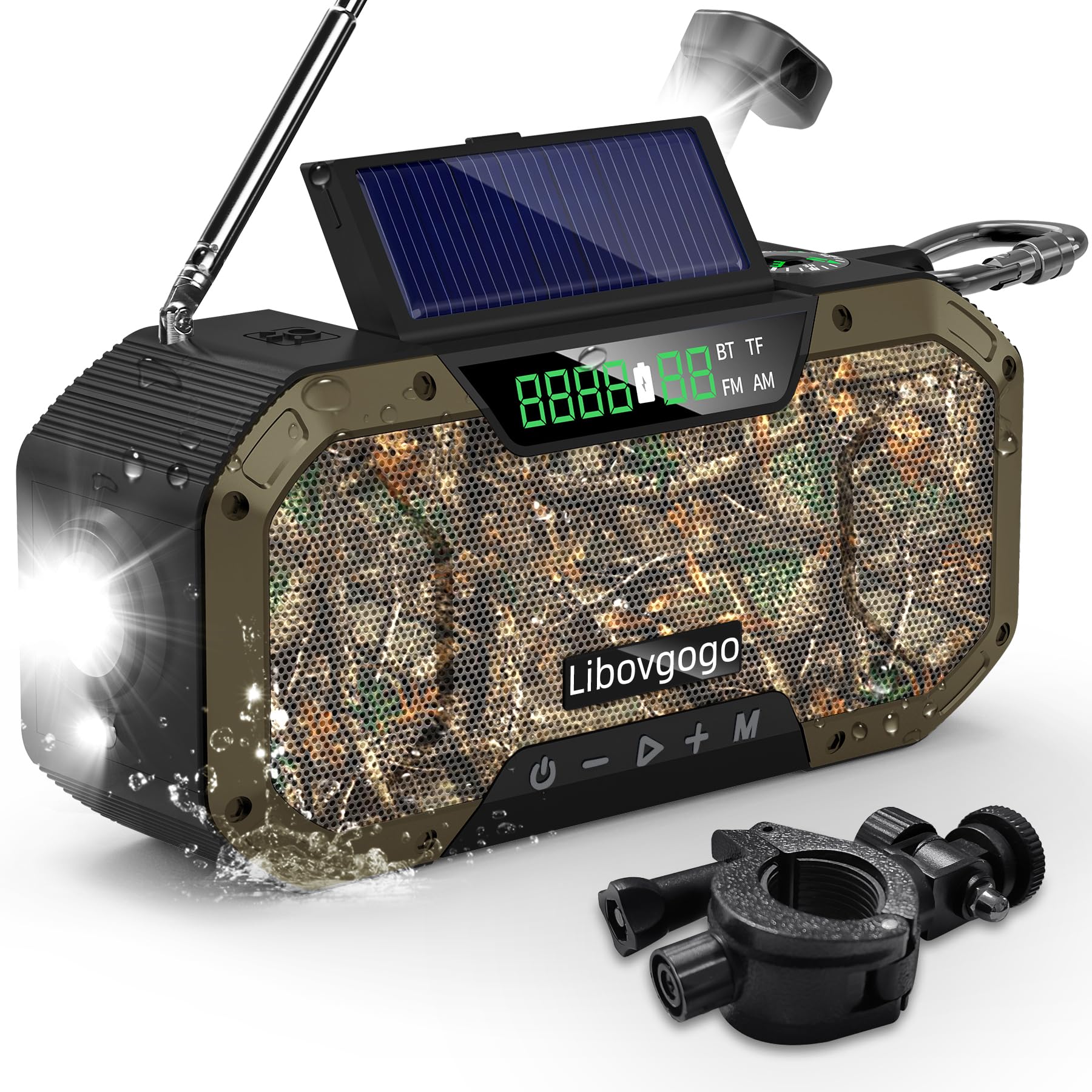 Emergency Radio Waterproof Bluetooth Speaker,Portable Digital AM FM Radio with Flashlight,Reading Lamp,Hand Crank NOAA Weather Radio with Solar Panel,5000mAH Cell Phone Charger,Bicycle Mount