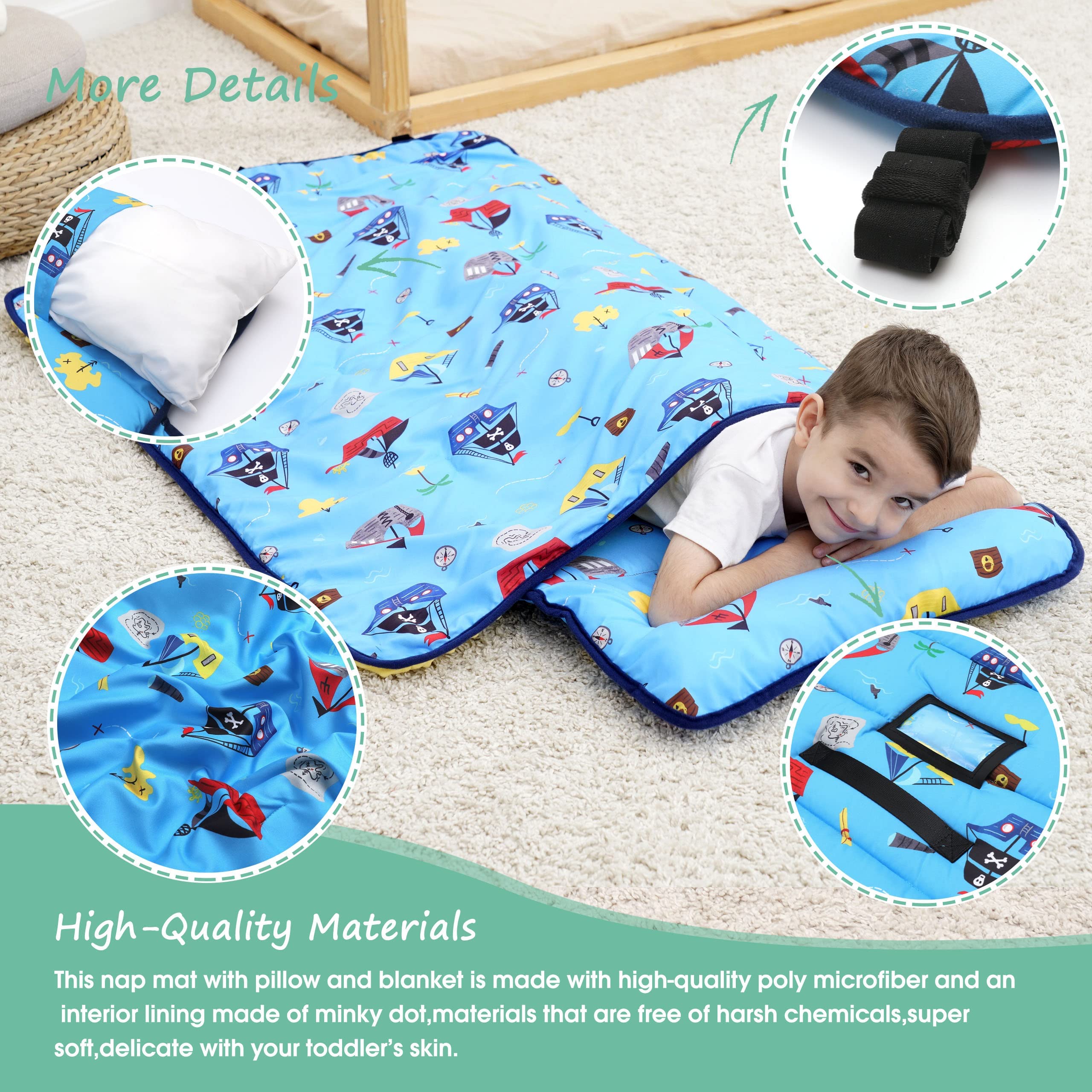 ACRABROS Toddler Nap Mat with Pillow and Blanket, Extra Large Rolled Napping Mats,Slumber Bags for Boys Girls,Kids Sleeping Bag for Daycare, Preschool Travel Camping, Pirate Ship