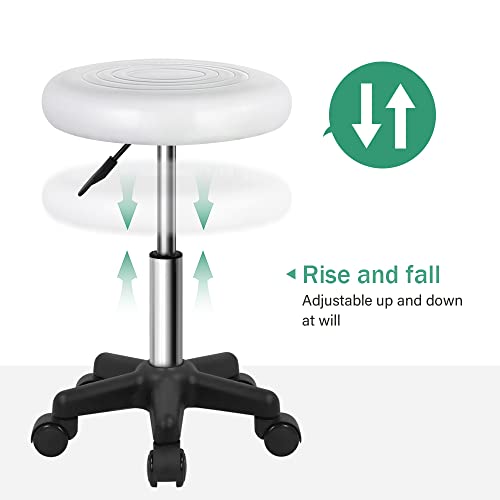 FURWOO Round Swivel Stool with Wheels PU Leahter Rolling Stool Height Adjustable Stool for Spa Salon Massage White