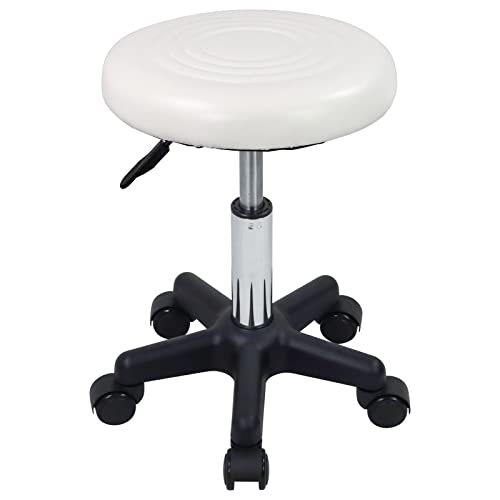 FURWOO Round Swivel Stool with Wheels PU Leahter Rolling Stool Height Adjustable Stool for Spa Salon Massage White