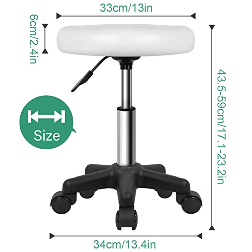 FURWOO Round Swivel Stool with Wheels PU Leahter Rolling Stool Height Adjustable Stool for Spa Salon Massage White