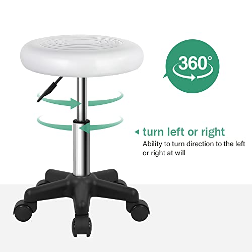 FURWOO Round Swivel Stool with Wheels PU Leahter Rolling Stool Height Adjustable Stool for Spa Salon Massage White