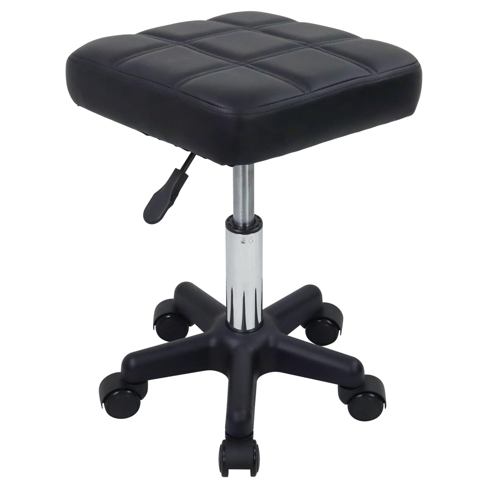 FURWOO Square Swivel Stool with Wheels PU Leahter Rolling Stool Height Adjustable Stool for Spa Salon Massage Black