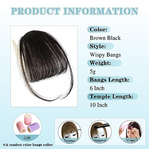 NAYOO Clip in Bangs - 100% Human Hair Wispy Bangs Clip in Hair Extensions, Brown Black Air Bangs Fringe with Temples Hairpieces for Women Curved Bangs for Daily Wear