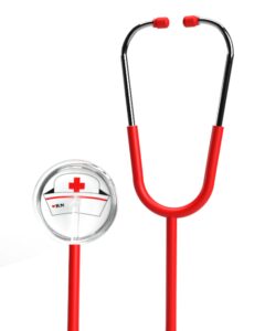 red nurse stethoscope with rn and nurse hat on diaphragm