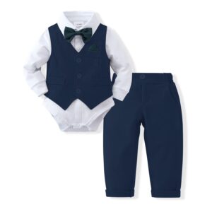 disaur baby boy wedding outfit long sleeve infant white shirt dark blue plaid vest pants bow tie baby blessing outfits for boys 1t 12 18 months