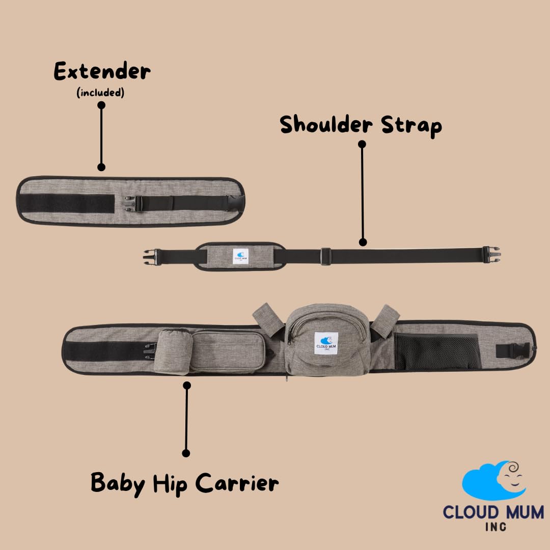 CLOUD MUM INC Ergonomic Baby Hip Carrier seat - Comfortable & CPC Certified, 5 Pockets, Shoulder Support, Waist Extender and Bottle Insulator, 7-66 lbs. - Perfect for Newborns to 36 Months (Grey)