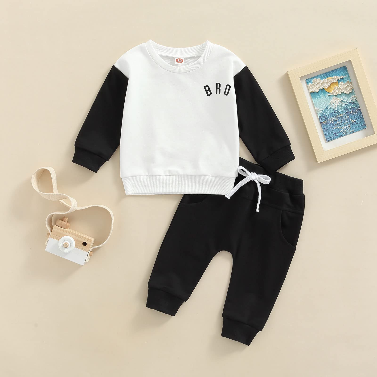 YOKJZJD Infant Toddler Baby Boy Fall Winter Outfits Letter Pullover Sweatshirt Long Sleeve T-Shirt Tops Pants Sweatsuit Clothes Set (Black White, 12-18 Months)