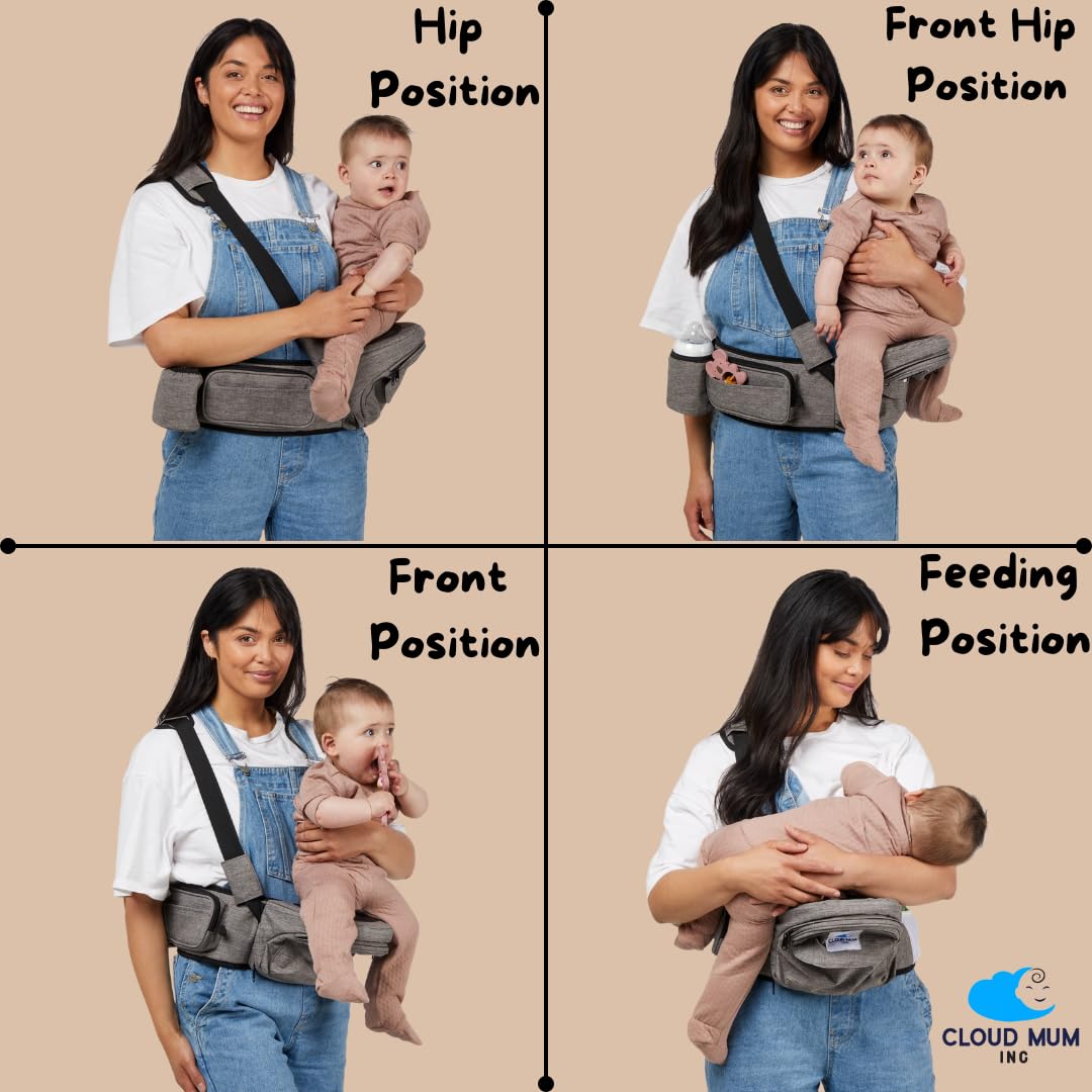 CLOUD MUM INC Ergonomic Baby Hip Carrier seat - Comfortable & CPC Certified, 5 Pockets, Shoulder Support, Waist Extender and Bottle Insulator, 7-66 lbs. - Perfect for Newborns to 36 Months (Grey)